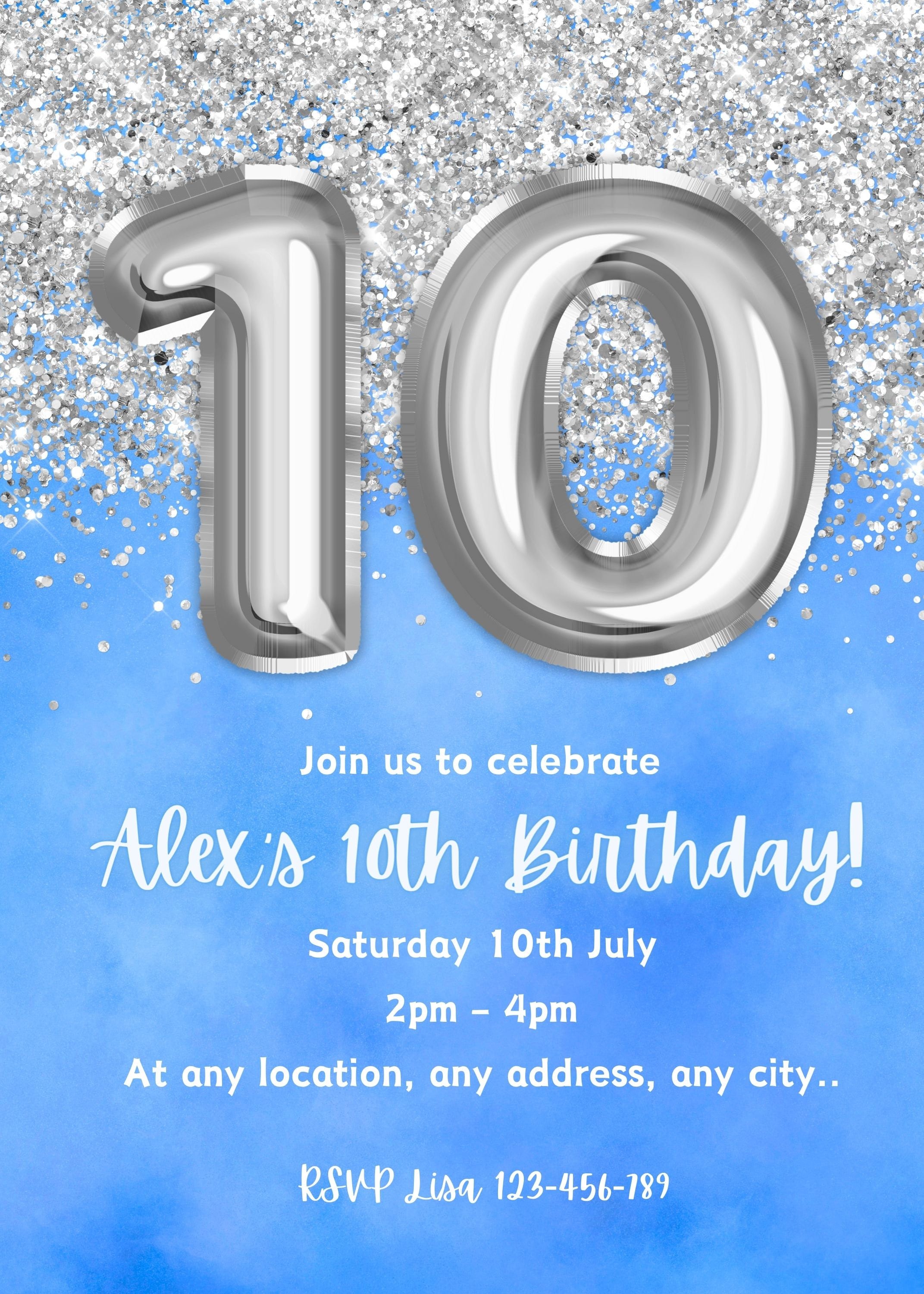 Printable Blue Silver 10th Birthday Invitation Glitter Template Foil ...