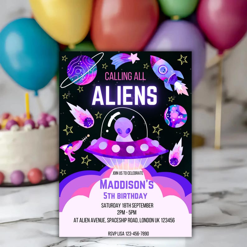 Printable Alien Birthday Invitation Girls Neon Alien Spaceship Editable ...