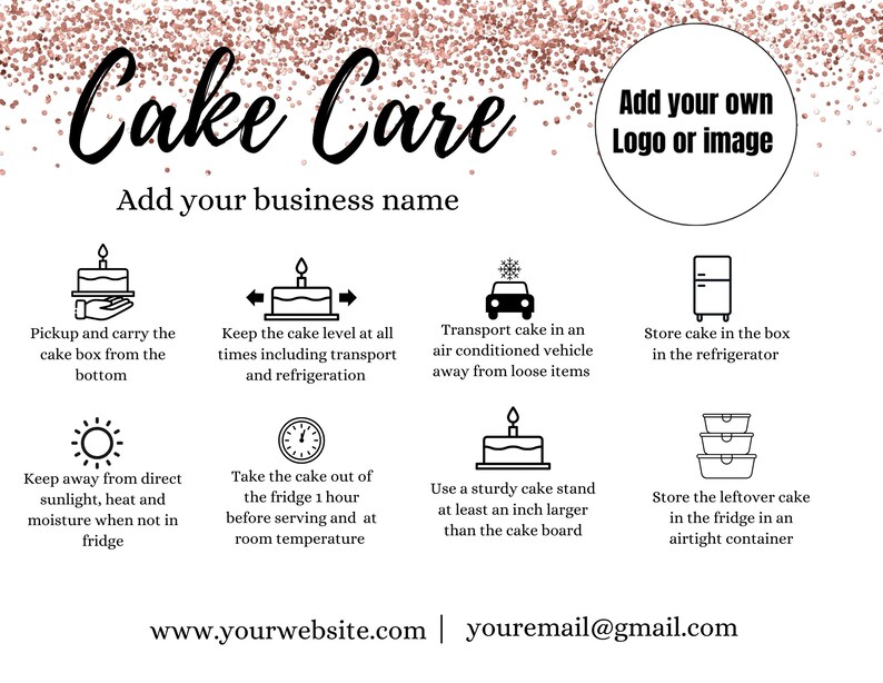 Printable Cake Care Card Template Rose Gold Cake Care Editable Card ...
