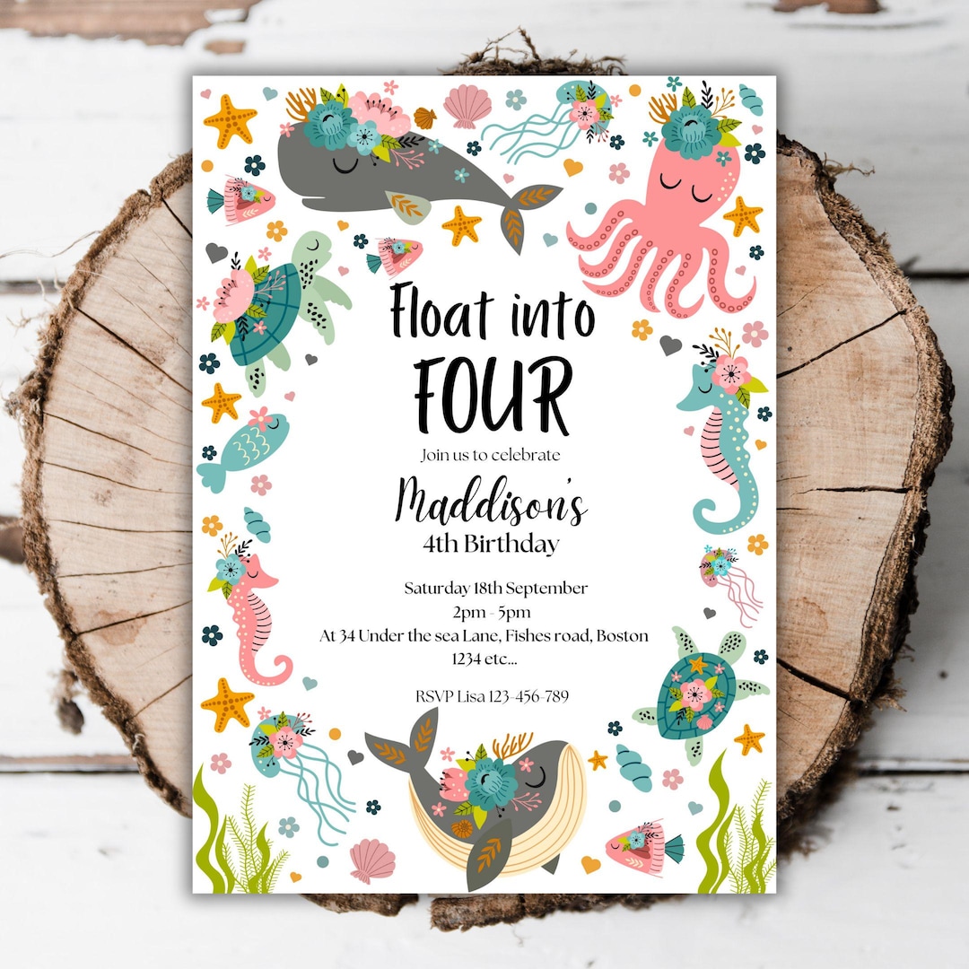 Printable Under the Sea 4th Birthday Invitation Girls Float Into Four ...