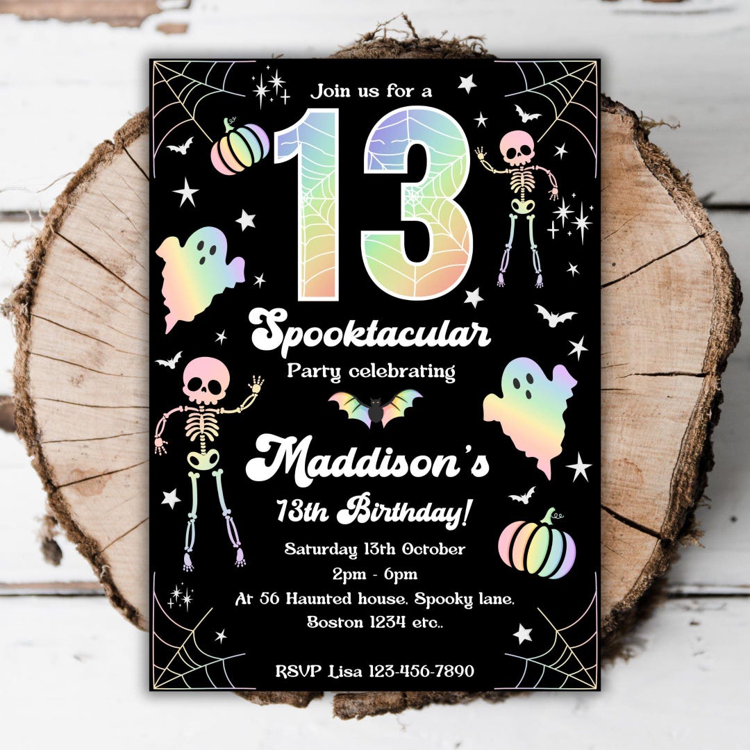 Printable Halloween 13th Birthday Invitation Holographic Rainbow Spooky ...
