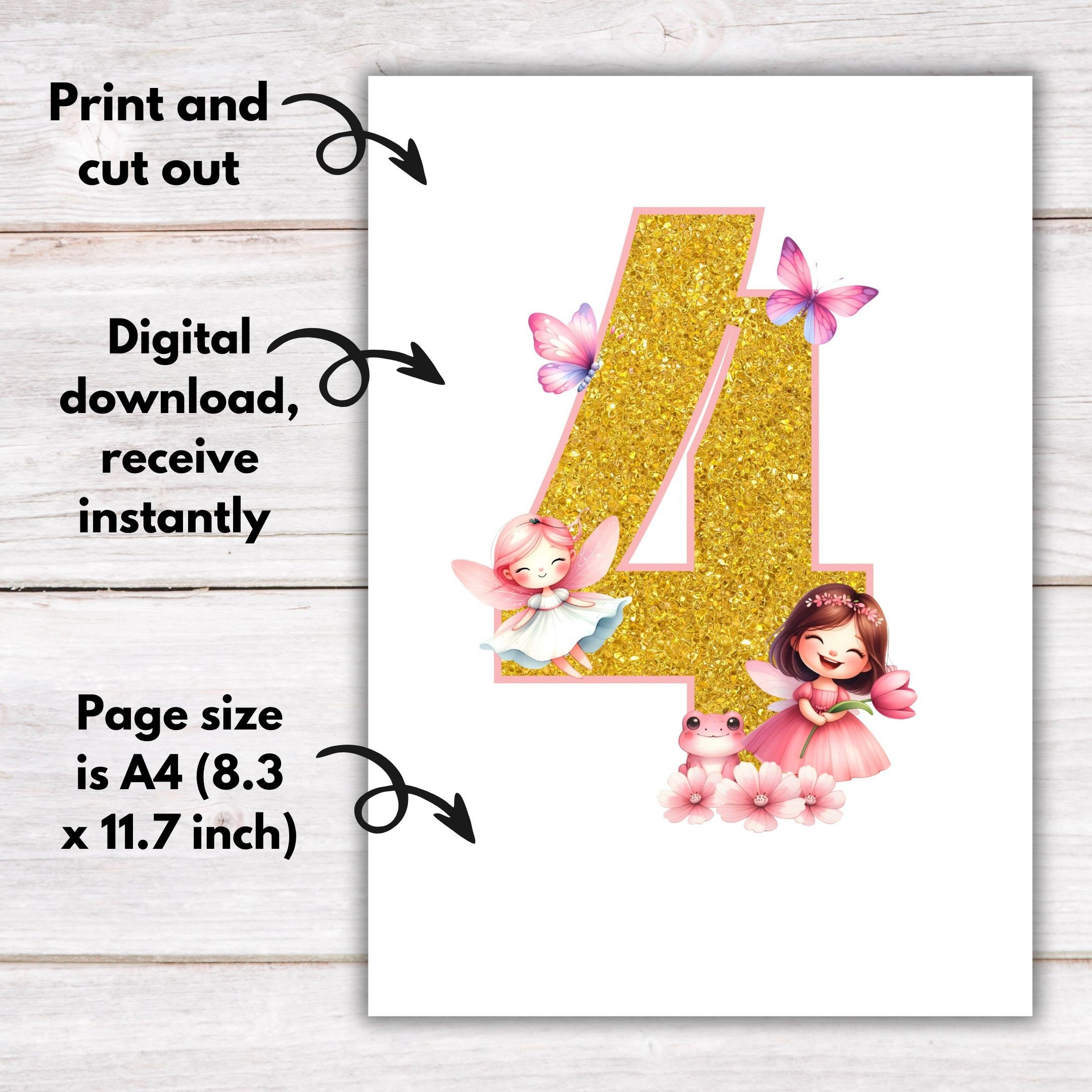 Printable Fairy 4th Birthday Cake Topper Girls Pixie Four Birthday ...