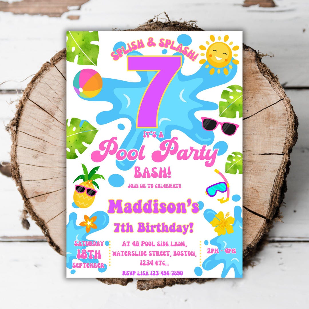 Printable Pool Party 7th Birthday Invitation Waterpark Editable Girls ...