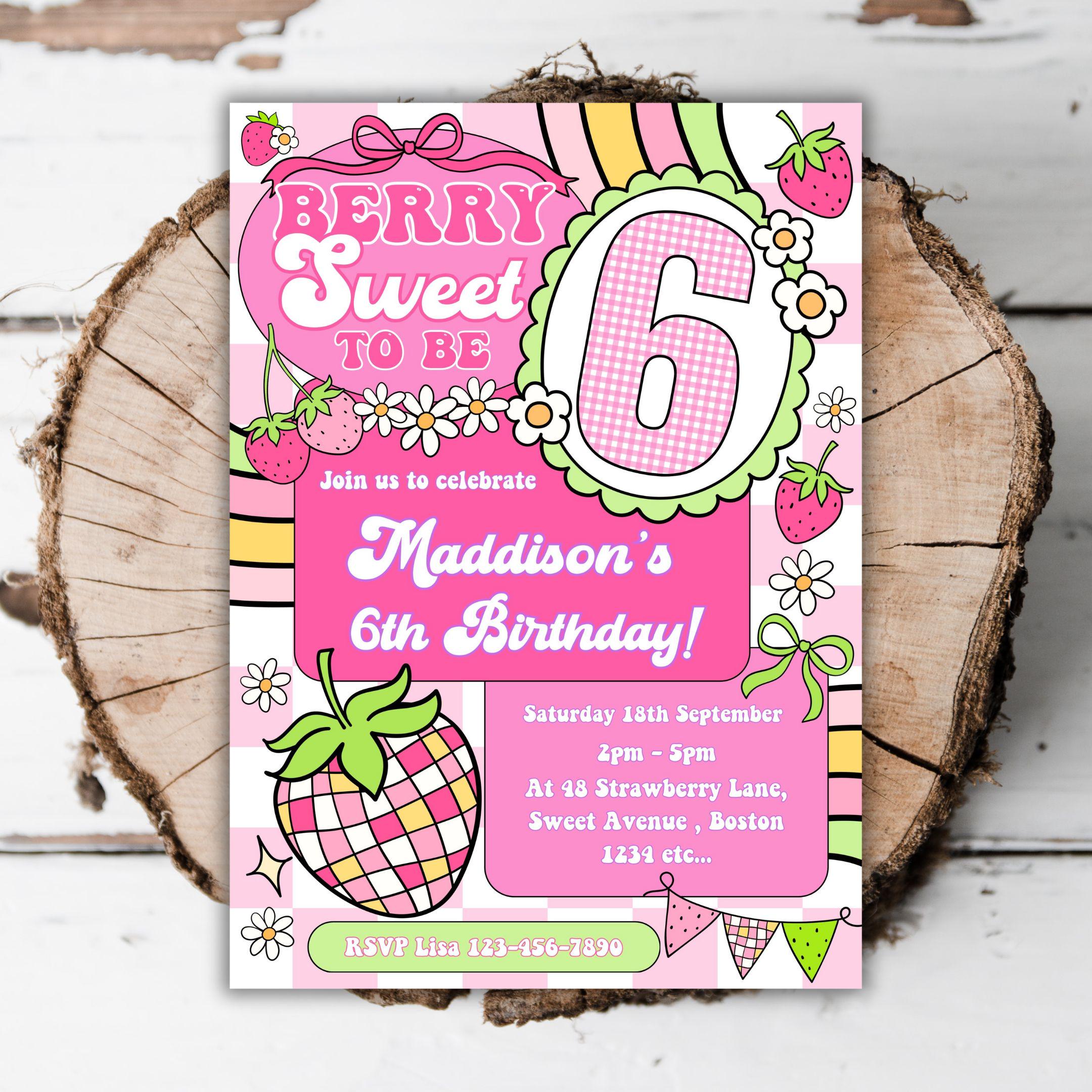 Printable Strawberry 6th Birthday Invitation Berry Sixth Editable Girls ...