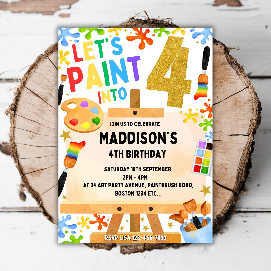 Printable Art Party 4th Birthday Invitation Rainbow Editable Painting ...