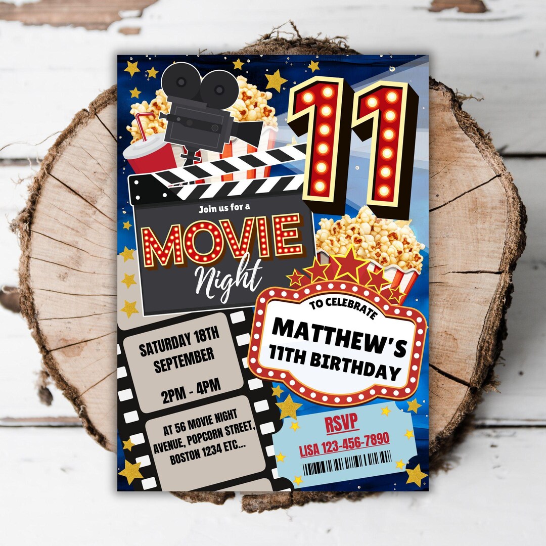 Printable Movie Night 11th Birthday Invitation Party Editable Cinema ...