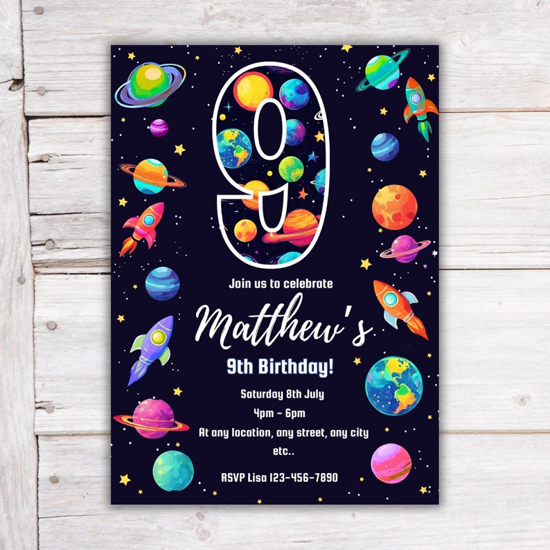 Printable Glow Outer Space Birthday Party Invitation Boys Neon Cosmic ...