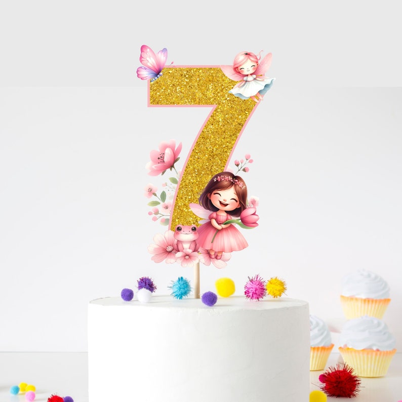 Imprimible Hada 7º cumpleaños pastel topper niñas duendecillo siete ...