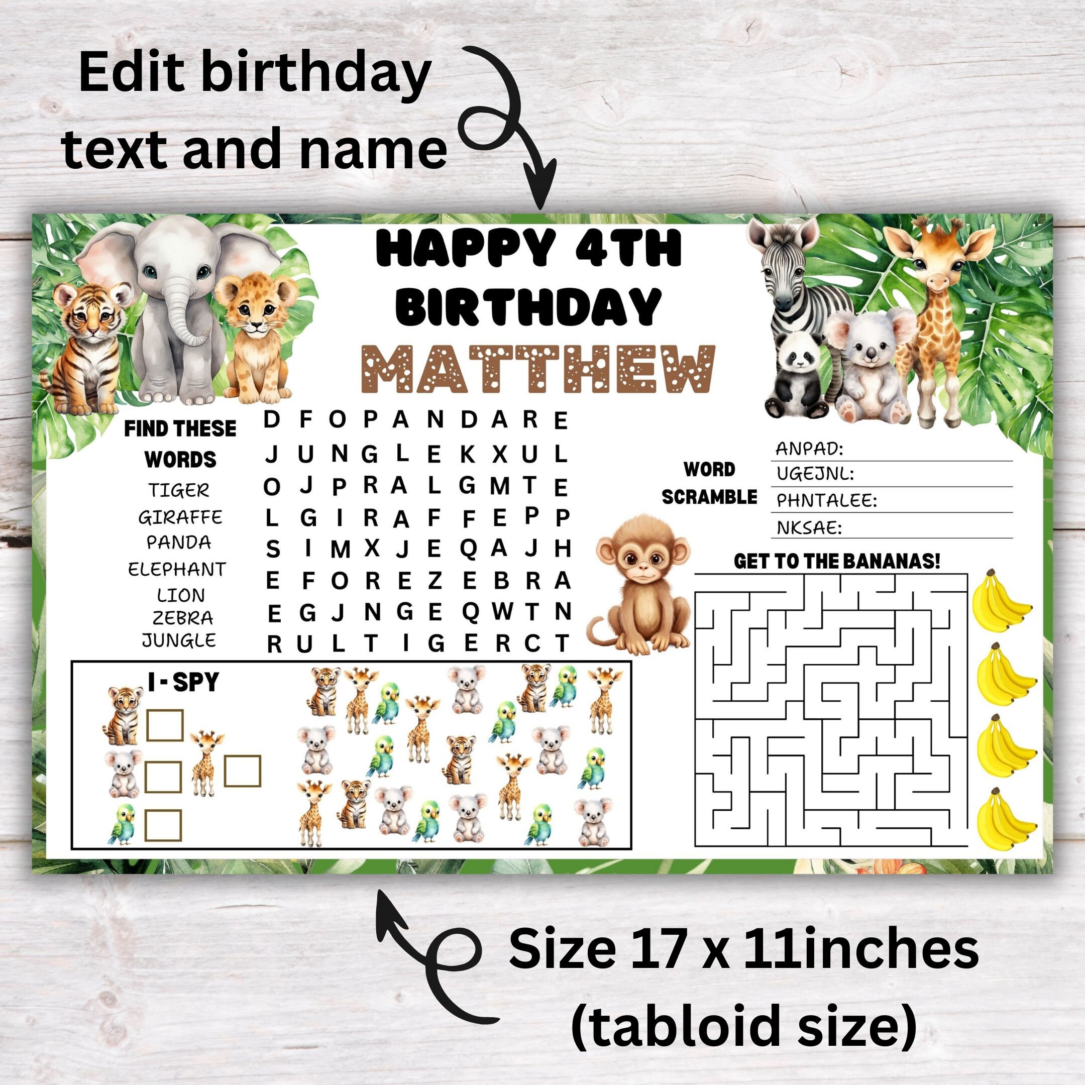 Printable Jungle Party Placemat Activity Sheet Jungle Animals Editable ...