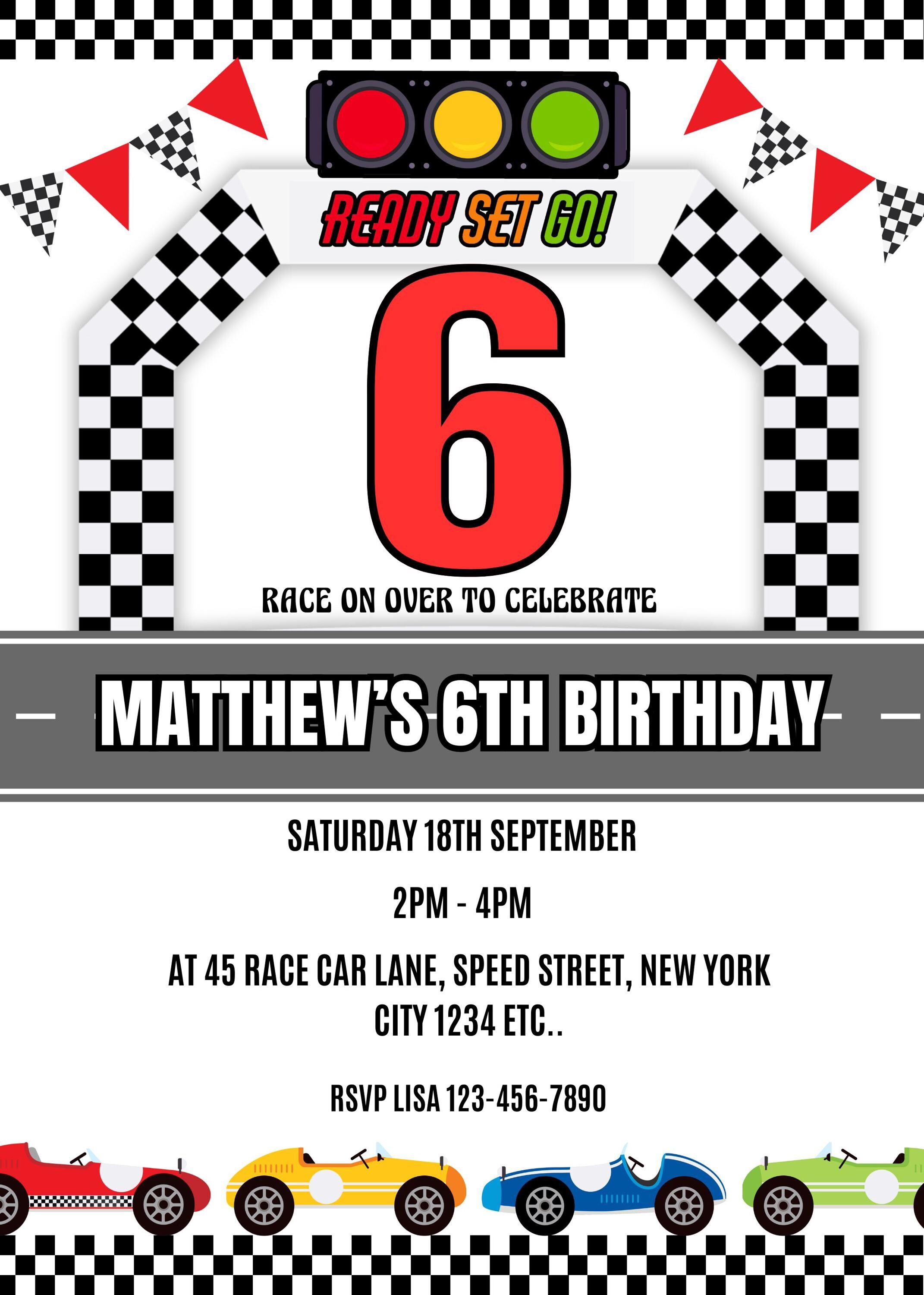Printable Race Car 6th Birthday Invitation Boys 6th Birthday Fast Six ...