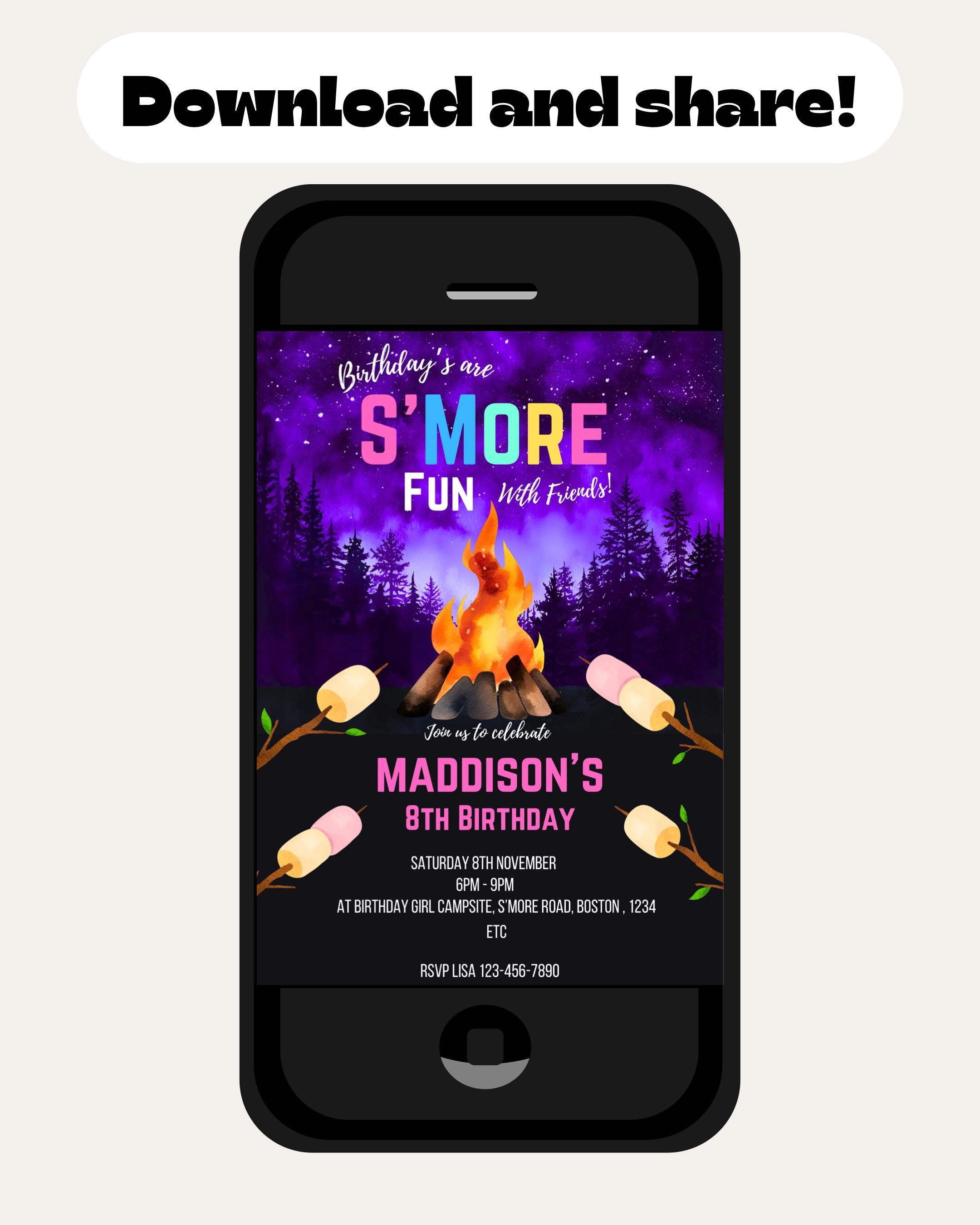 Printable Smore Birthday Invitation Girls Camping Party Editable ...