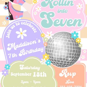 Printable Pastel Roller Skating Girls 7th Birthday Invitation Roller ...
