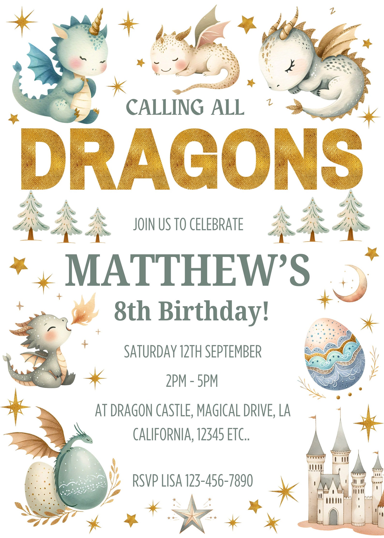 Printable Dragon Birthday Invitation Boys Calling All Dragons Magical ...