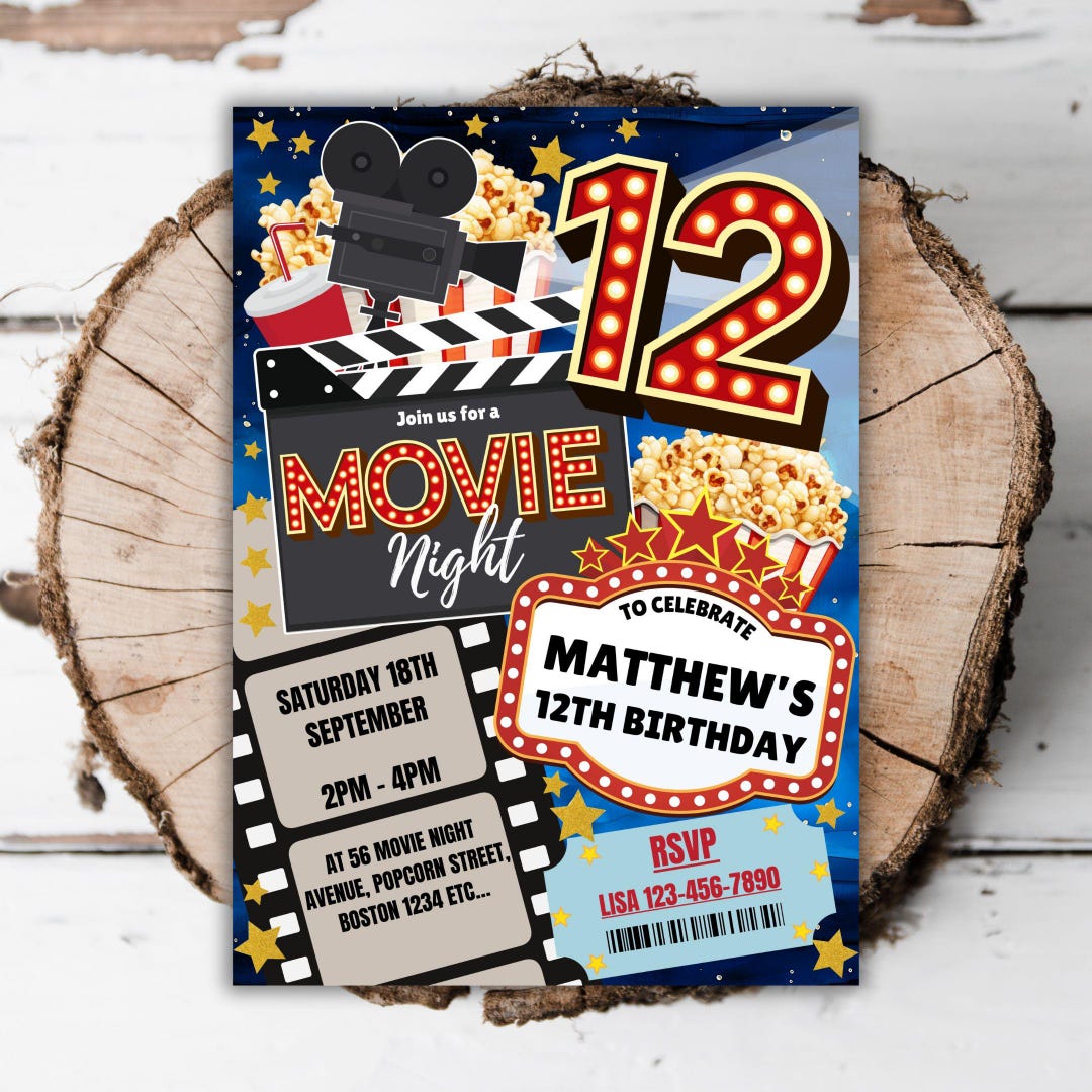 Printable Movie Night 12th Birthday Invitation Party Editable Cinema ...