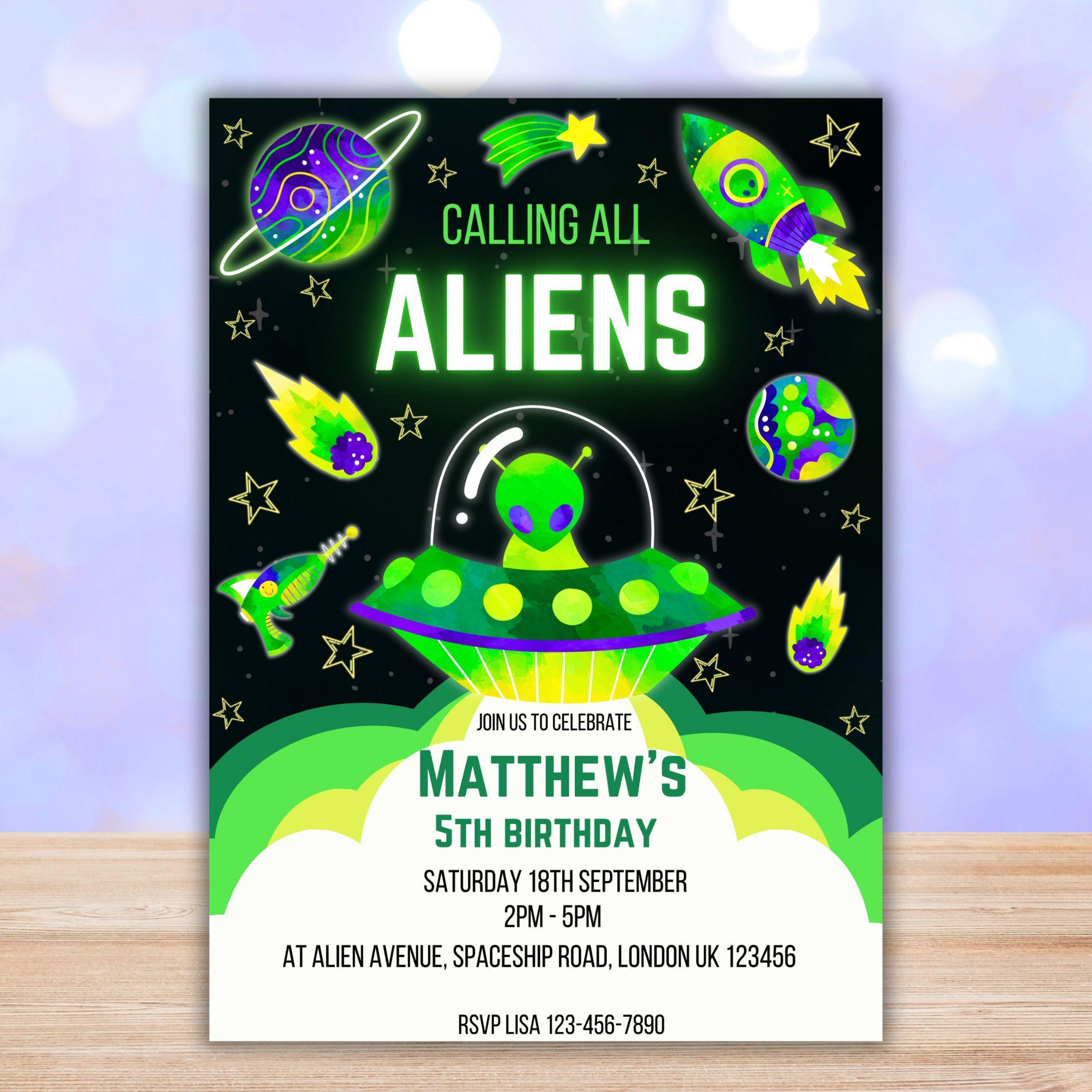 Printable Alien Birthday Invitation Boys Neon Alien Spaceship Editable ...