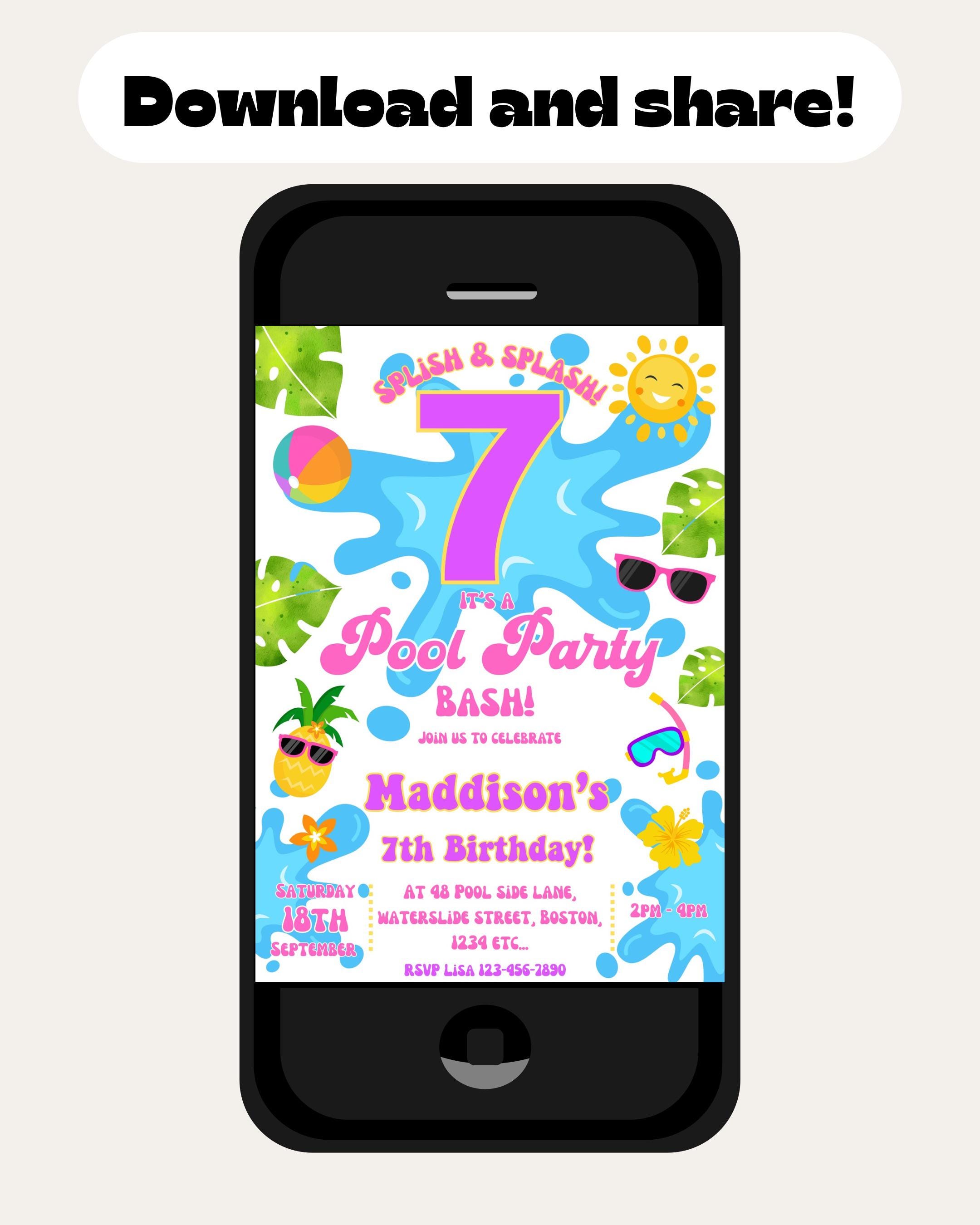 Printable Pool Party 7th Birthday Invitation Waterpark Editable Girls ...