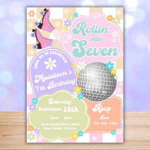 Printable Pastel Roller Skating Girls 7th Birthday Invitation Roller ...