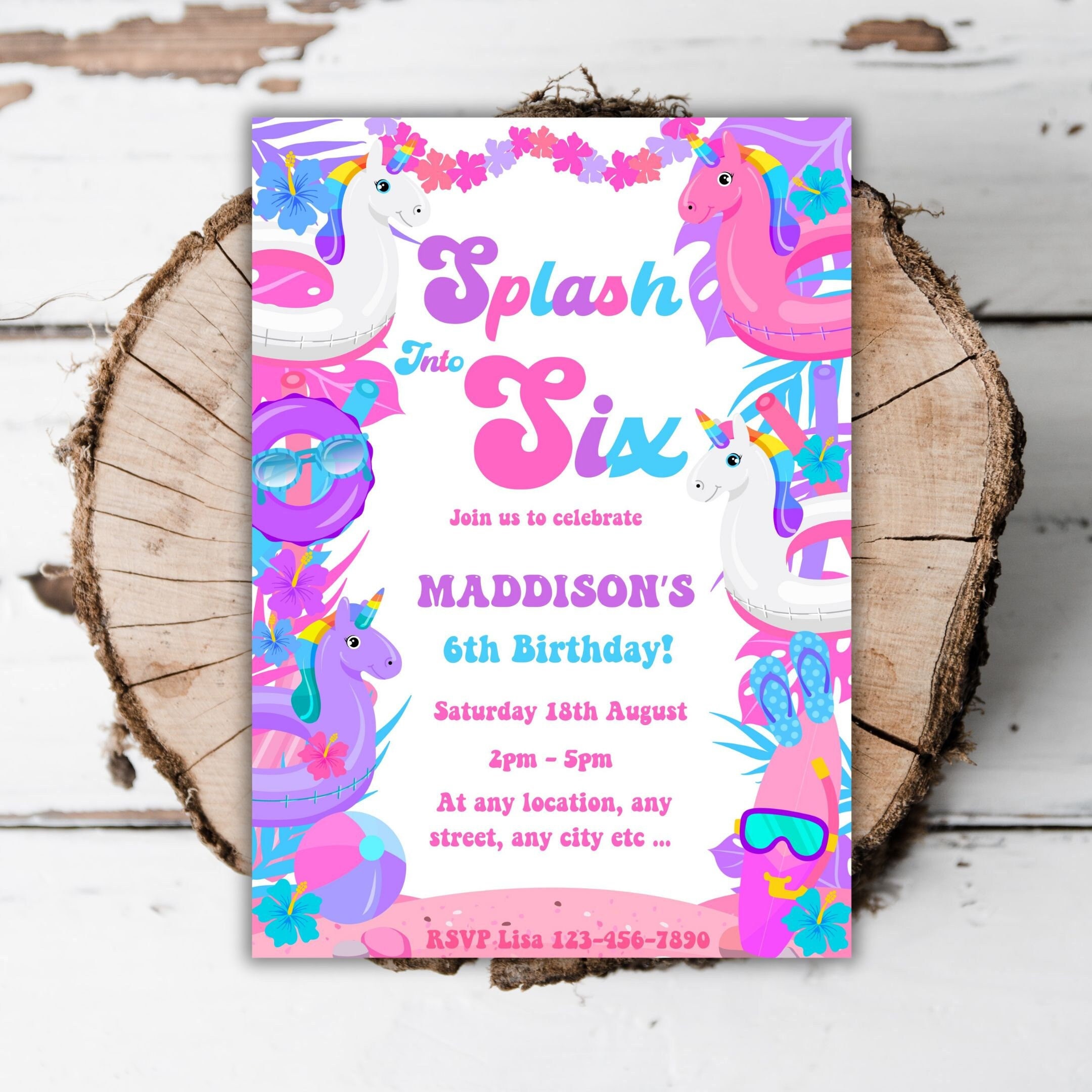 Printable Unicorn Splash Into Six Pool Party Bash Girls 6th Birthday ...
