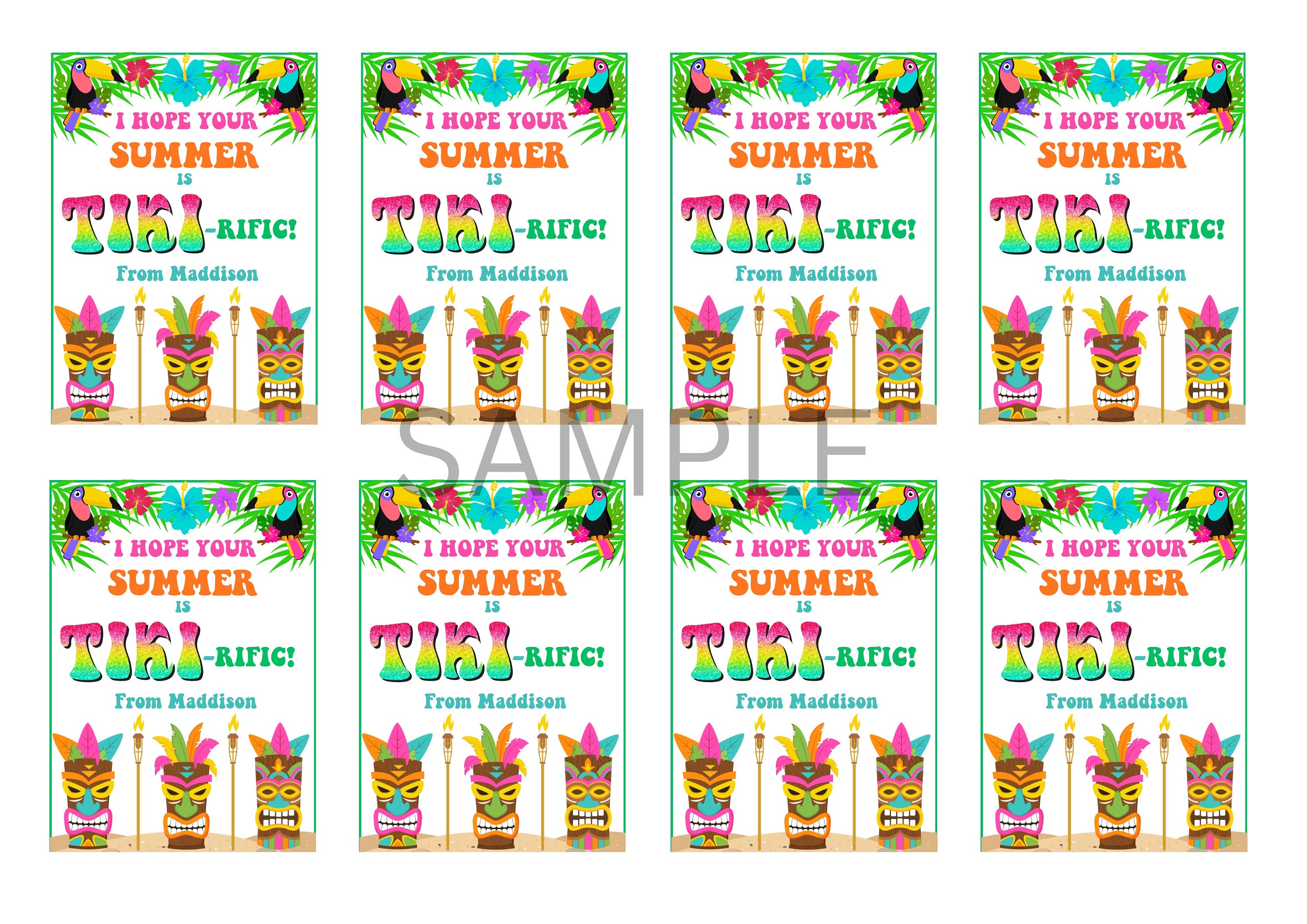 Printable Tiki End of School Year Tag Editable Hawaiian Glitter Tiki ...