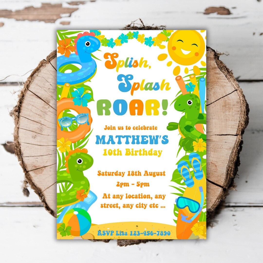 Printable Dinosaur Pool Party Boys Birthday Invitation Dino Summer ...