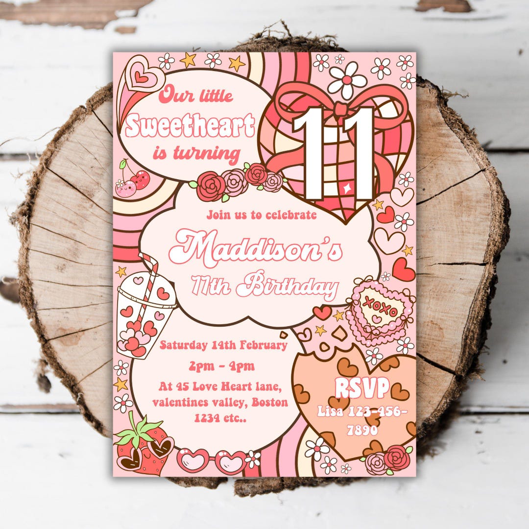 Printable Groovy Sweetheart 11th Birthday Party Invitation Valentines ...