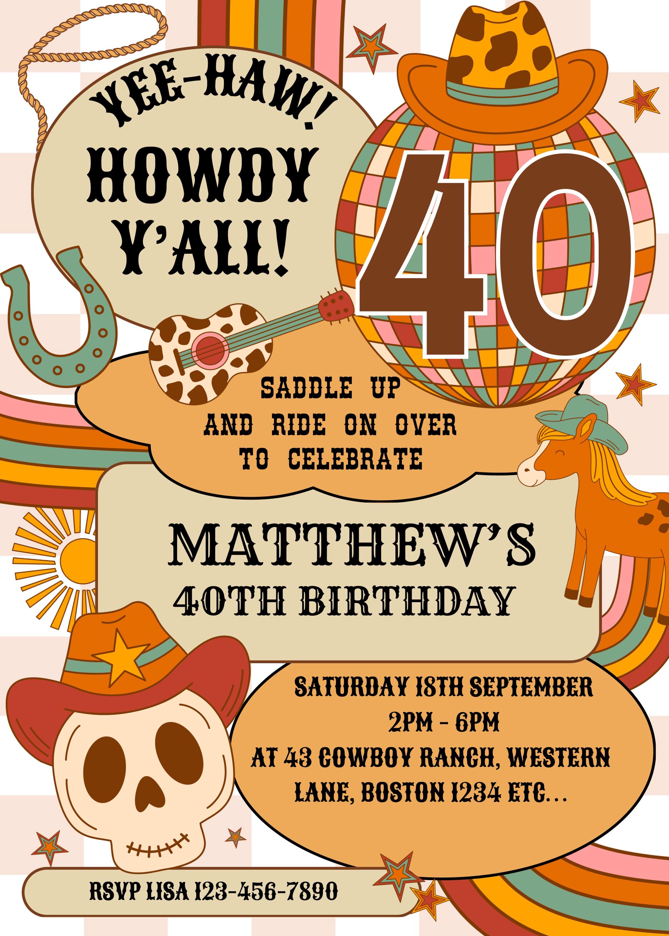 Printable Cowboy 40th Birthday Invitation Mens Wild West Rodeo Editable ...