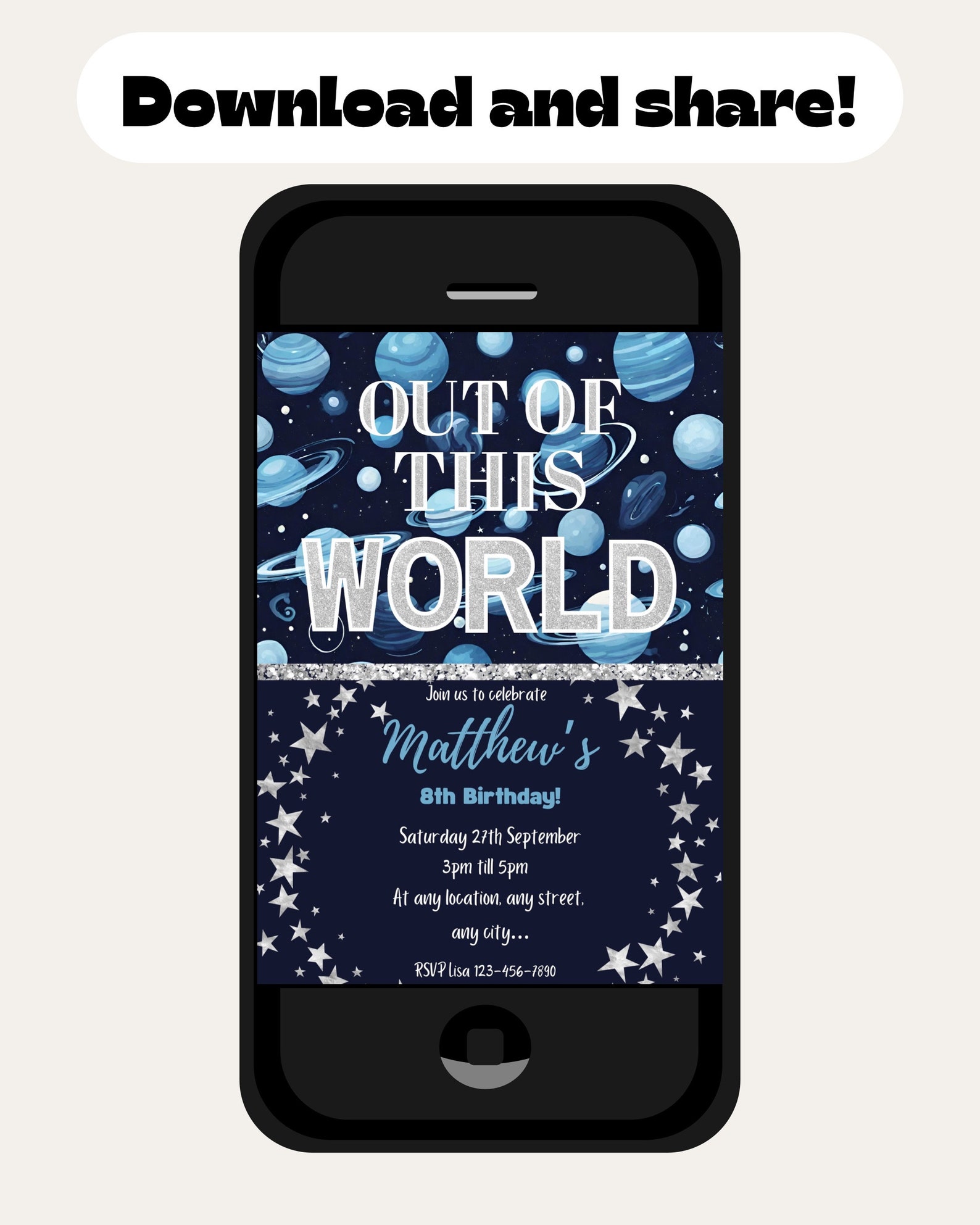 Printable Cosmic Blue Silver Outer Space Boys Birthday Party Invitation ...