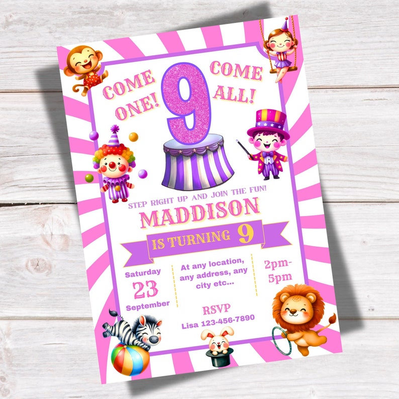 Printable Circus 9th Birthday Invitation Carnival Editable Greatest ...