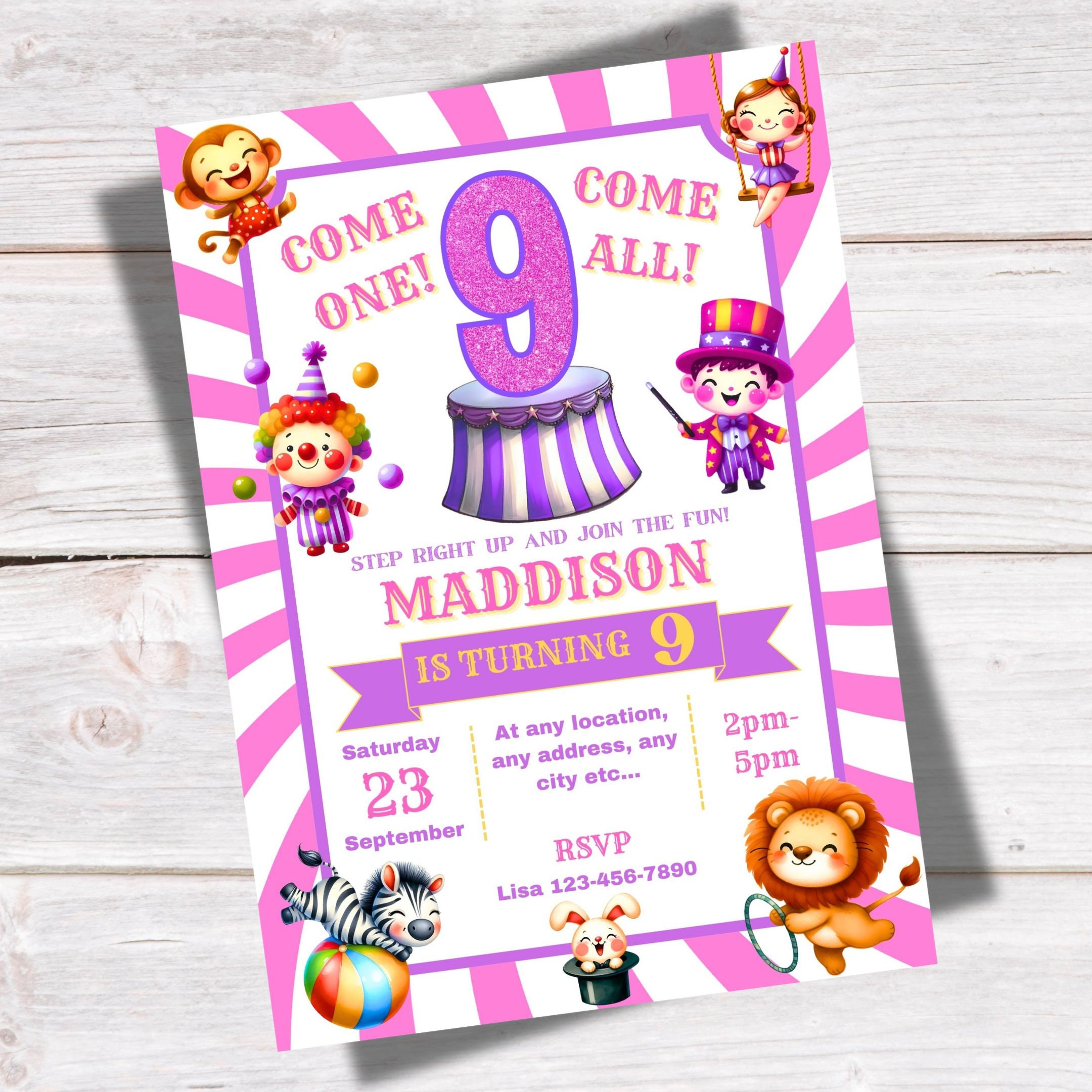 Printable Circus 9th Birthday Invitation Carnival Editable Greatest ...