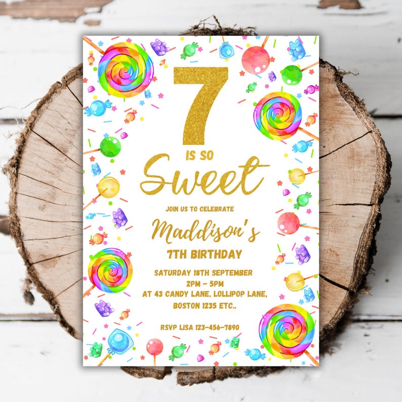 Printable Candy 7th Birthday Invitation 7 is so Sweet Editable Candy ...