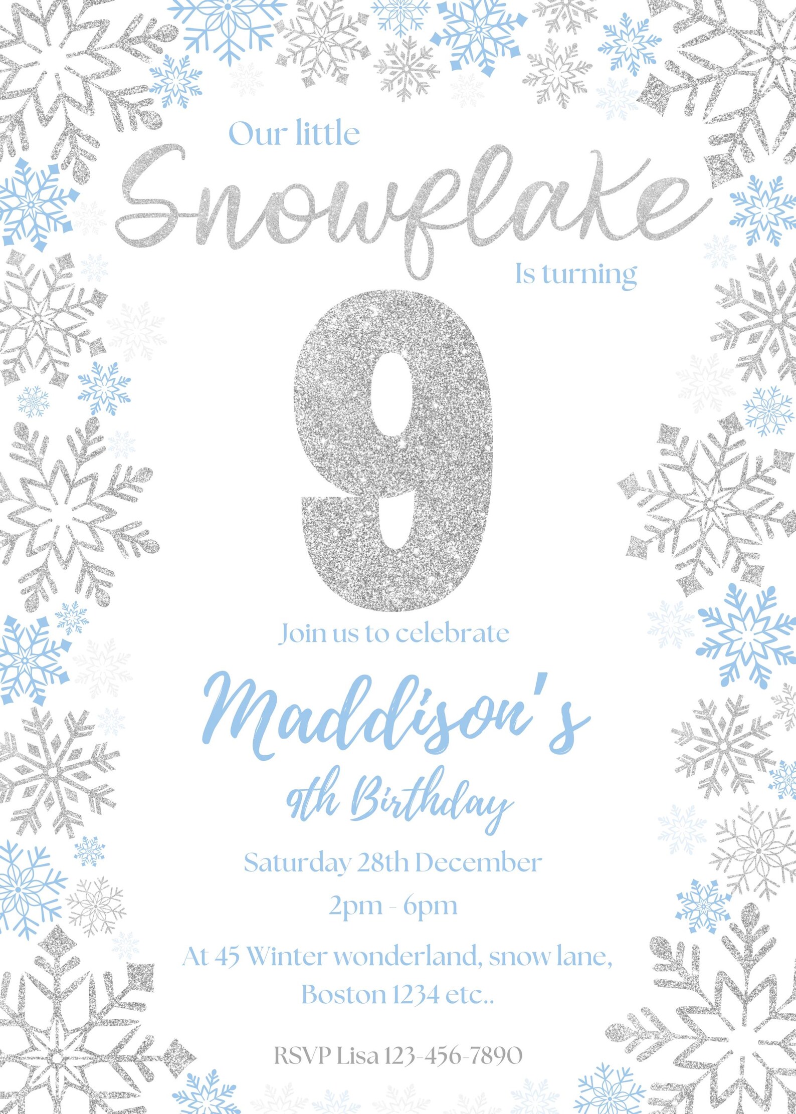 Printable Snowflake 9th Birthday Invitation Winter Wonderland Glitter ...