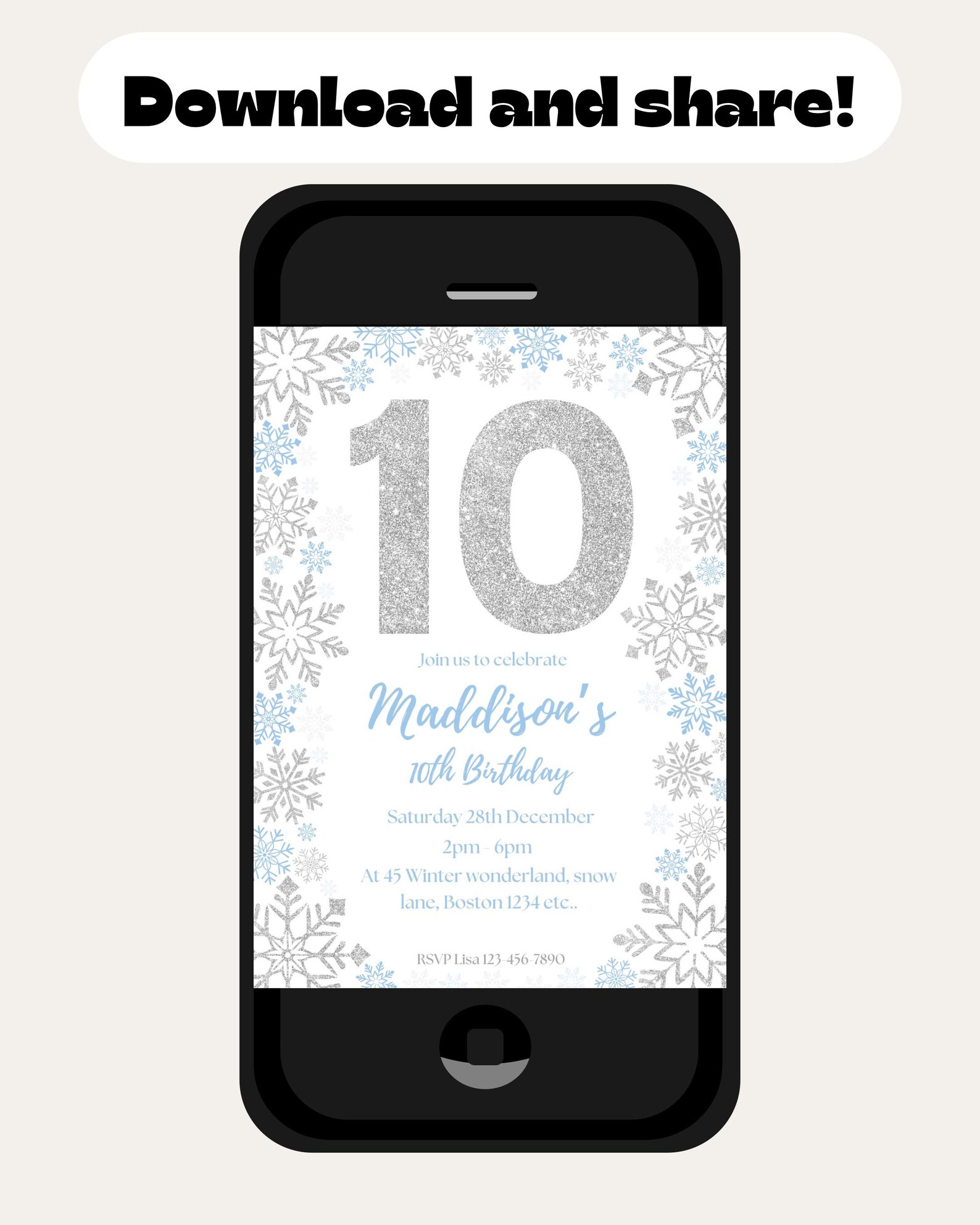 Printable Snowflake 10th Birthday Invitation Winter Wonderland Glitter ...