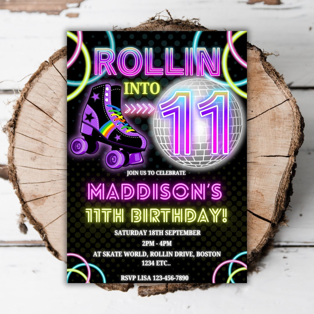 Printable Neon Roller Skating Girls 11th Birthday Invitation Roller ...