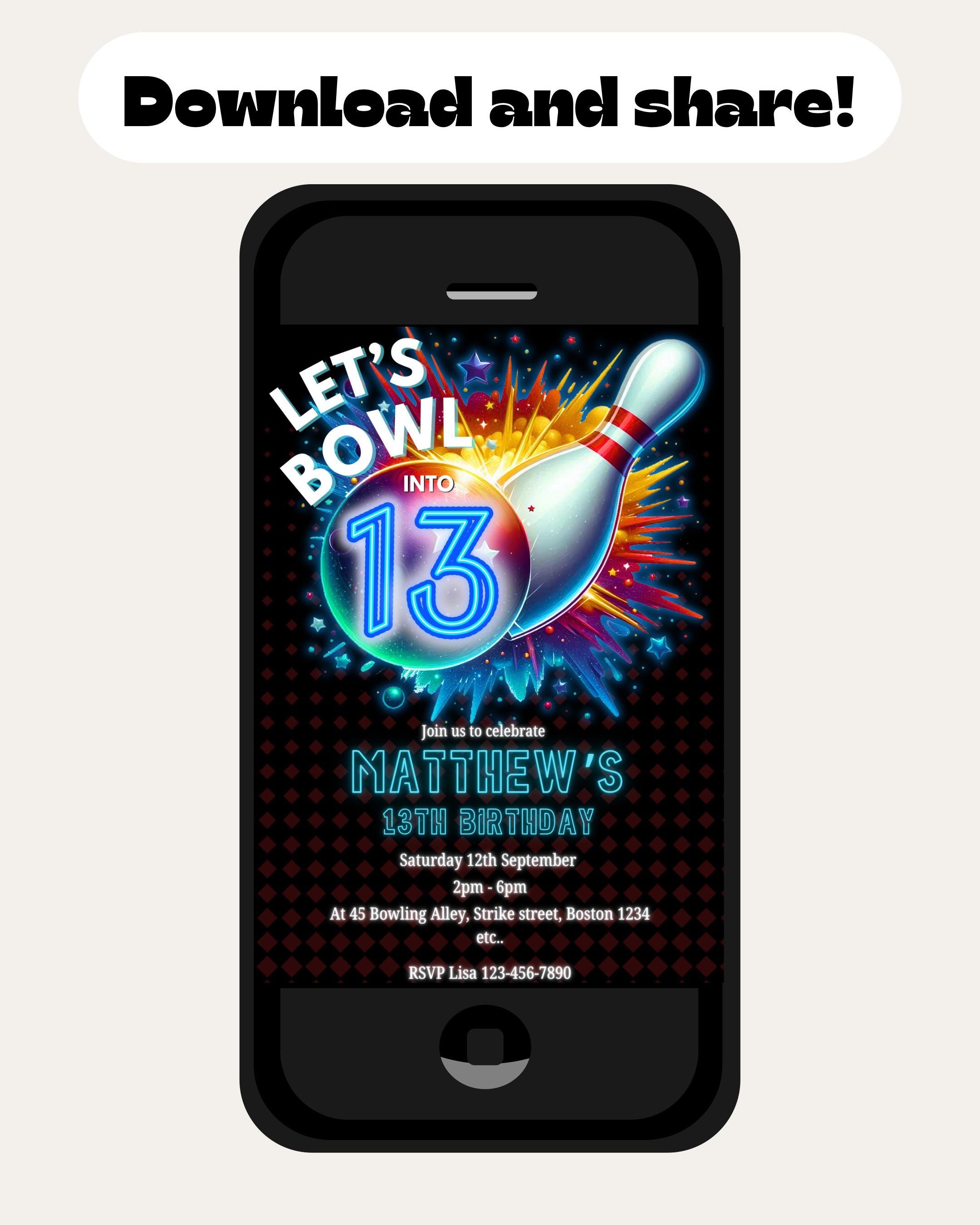 Printable Neon Bowling Boys 13th Birthday Invitation Glow Editable ...