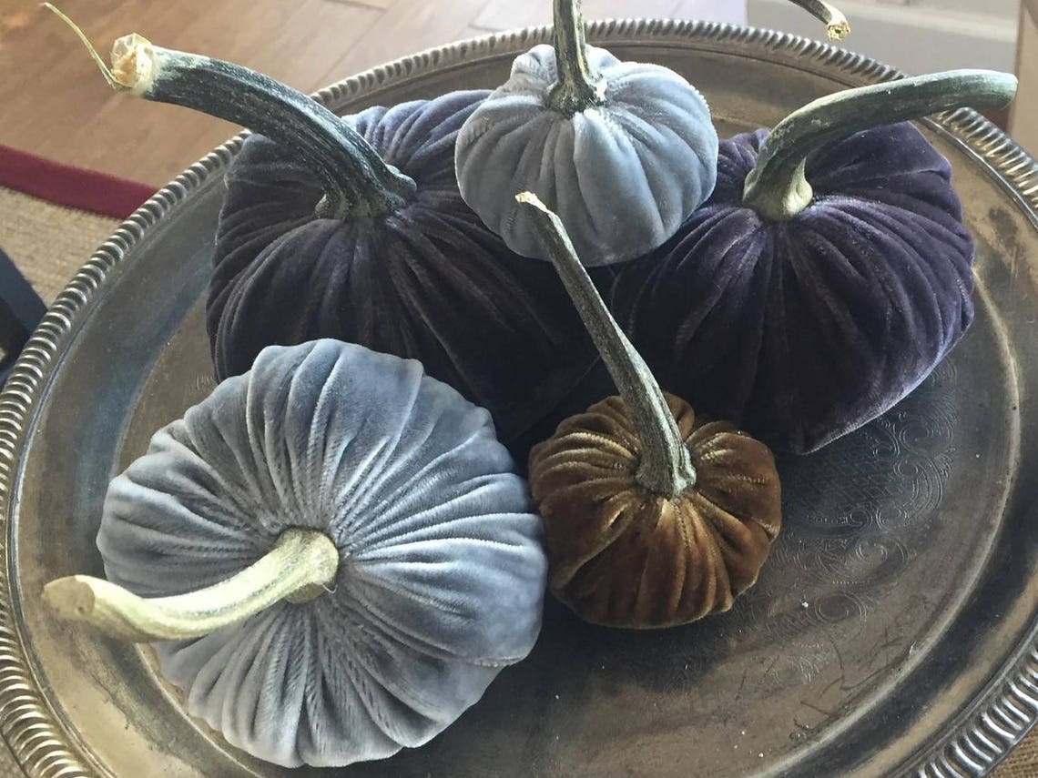 Silk Velvet Pumpkins With Real Pumpkin Stems Set of Three 1 | Etsy