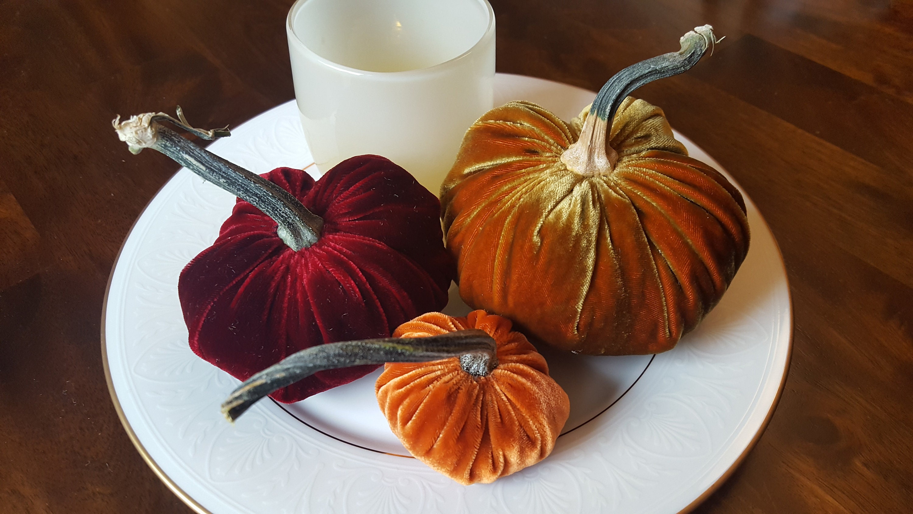 Silk Velvet Pumpkins With Real Pumpkin Stems, Set of Three 1 Each Large ...