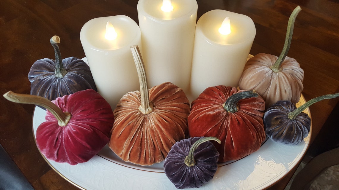Silk Velvet Pumpkins With Real Pumpkin Stems Set of Three 1 | Etsy