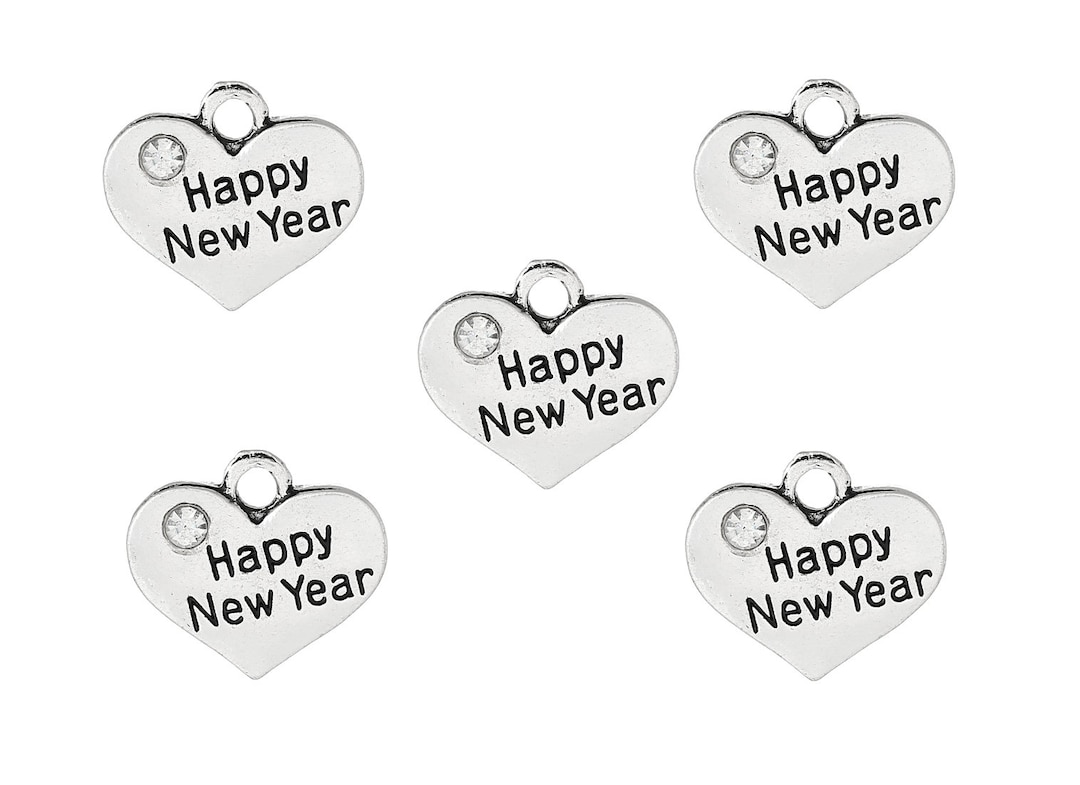10pc Pkgs happy New Year Heart Charms With Clear Rhinestone Bulk Happy ...