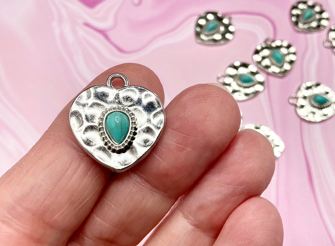 5pc Pkgs Boho Chic Charms, Silver & Blue Heart Pendants - Bulk Heart ...