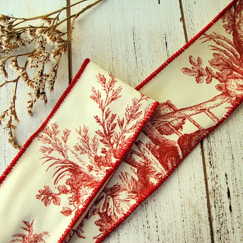 French Country Cotton Rich Red and Ivory Canvas Wired Toile - Etsy