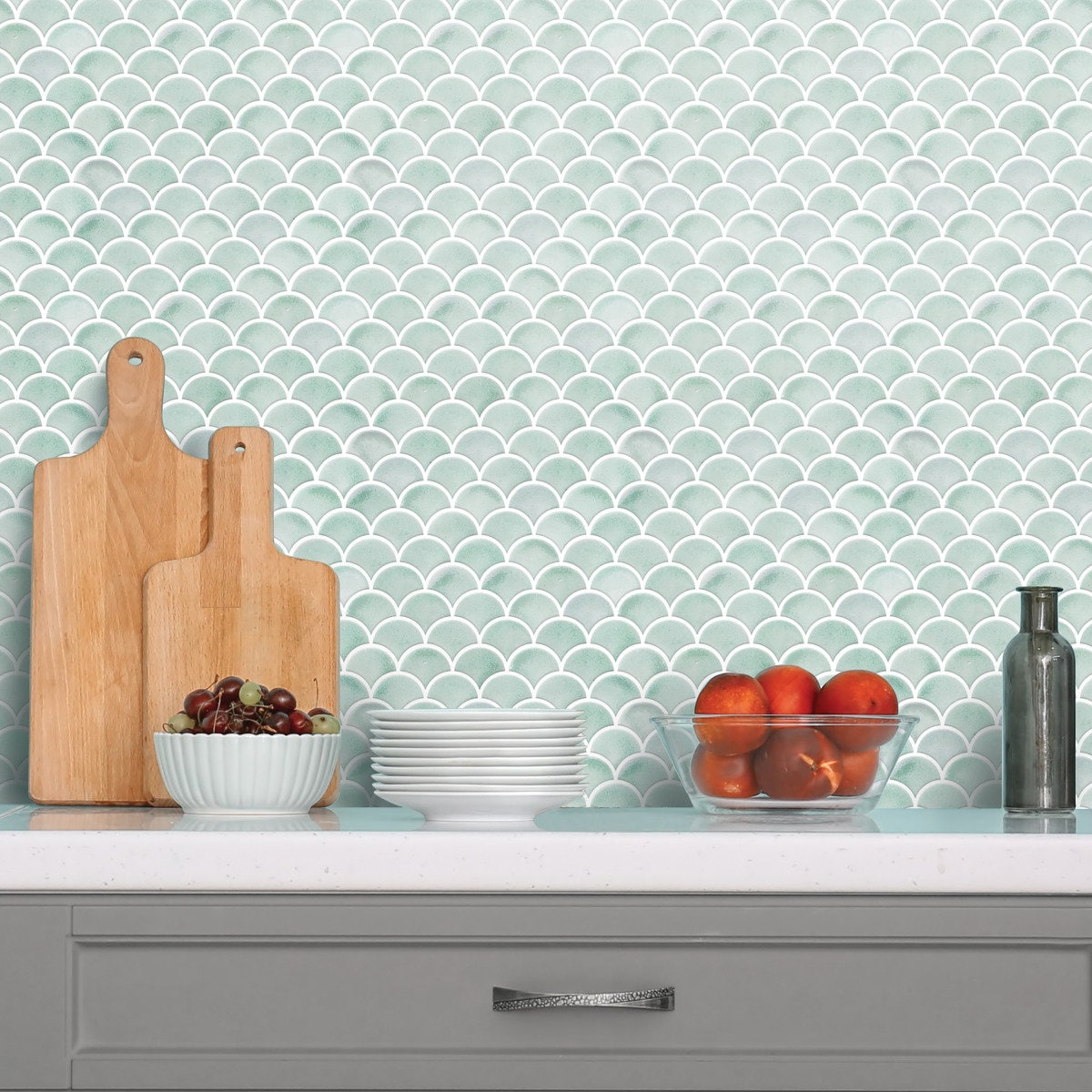 Mid Century Modern Aqua Scallop Peel and Stick Tile Backsplash DIY ...