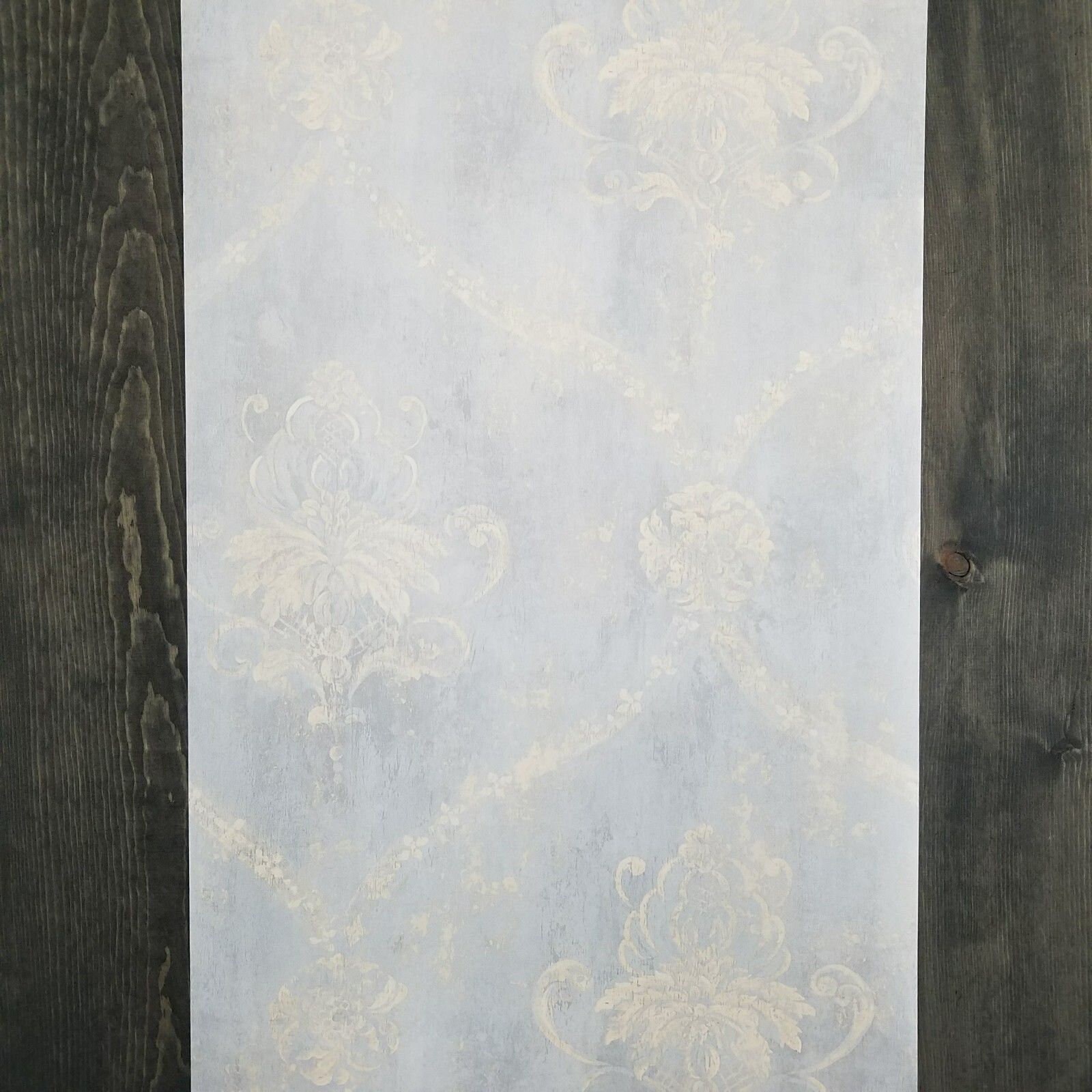 Blue & Cream Weathered Damask Wallpaper Designer Cottage Chic Modern ...