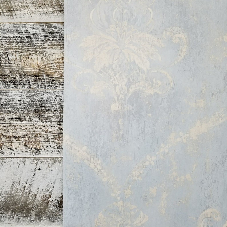 Blue & Cream Weathered Damask Wallpaper Designer Cottage Chic Modern ...