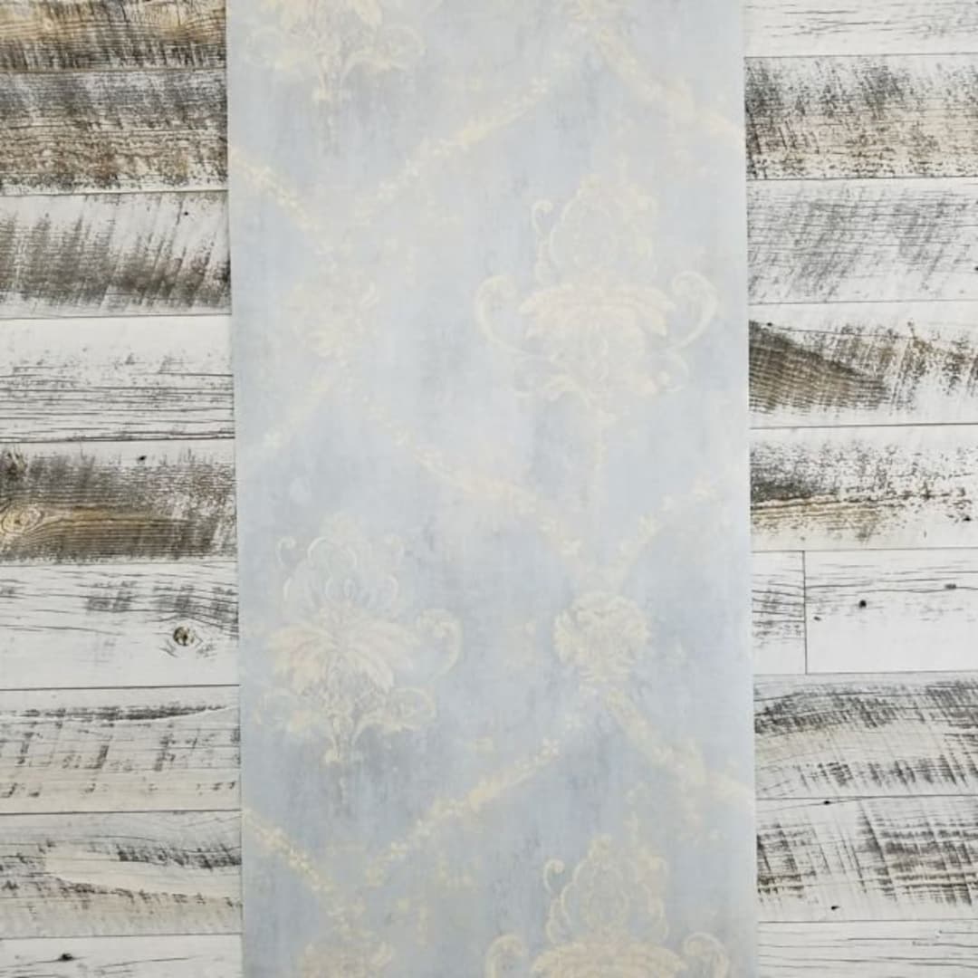 Blue & Cream Weathered Damask Wallpaper Designer Cottage Chic Modern ...
