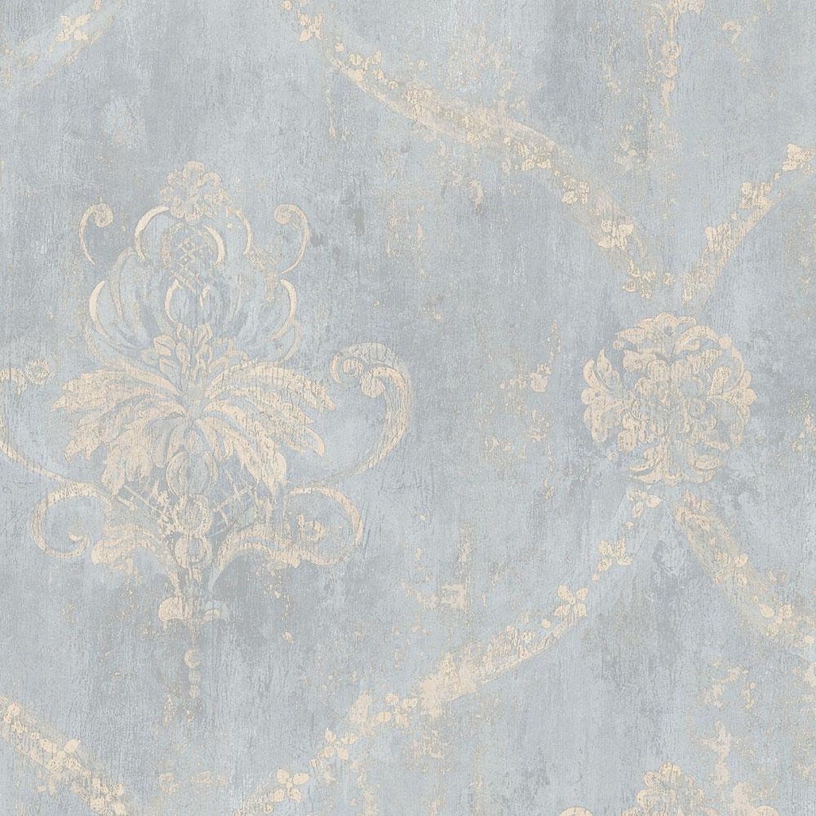 Blue & Cream Weathered Damask Wallpaper Designer Cottage Chic - Etsy