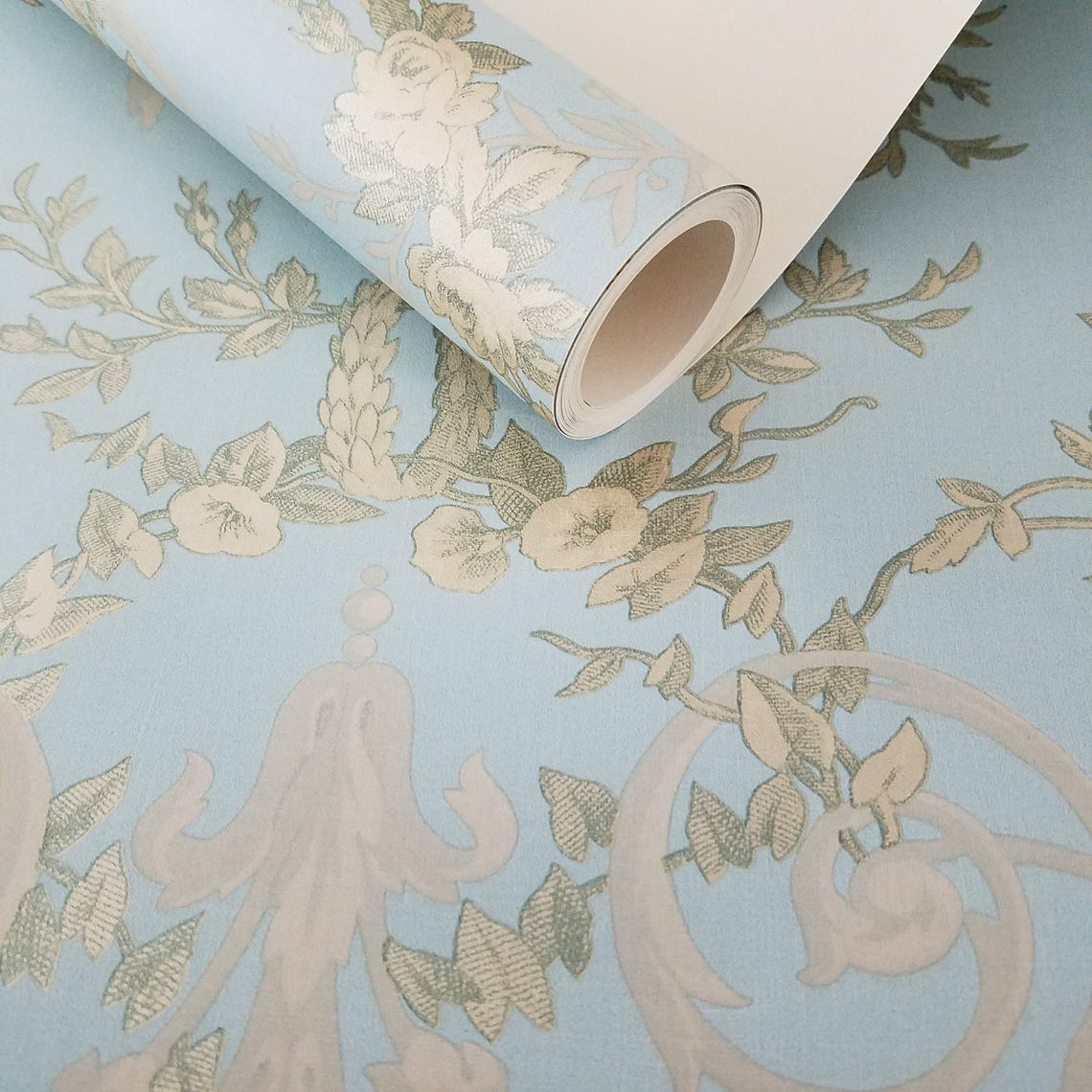 Victorian Cherub Floral in Blue & Gold Wallpaper Vintage - Etsy