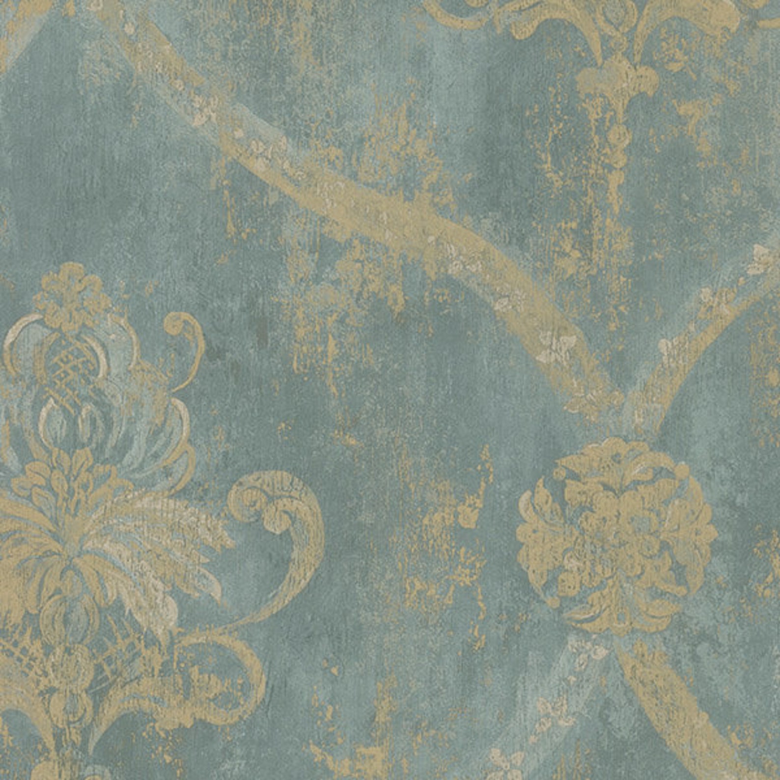 Aqua Blue & Gold Weathered Damask Vintage Wallpaper CH28248 - Etsy