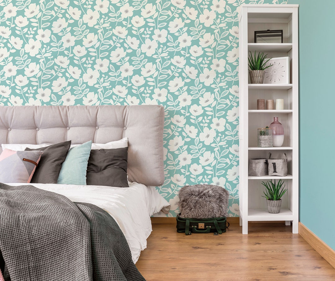 Brewster Wallcoverings Bergman Teal Gray Scandinavian Modern Floral ...