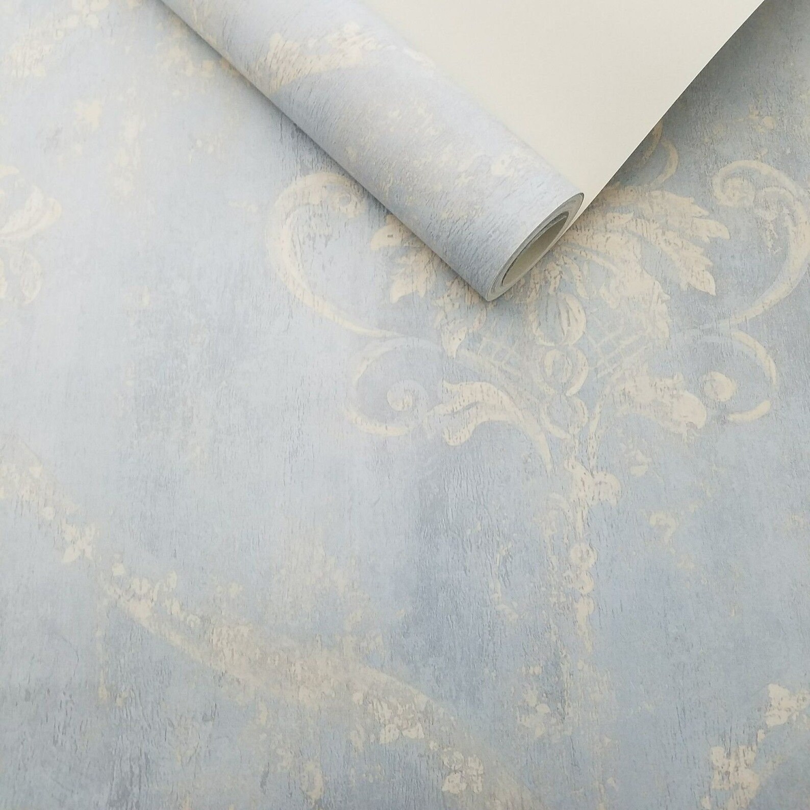 Blue & Cream Weathered Damask Wallpaper Designer Cottage Chic - Etsy