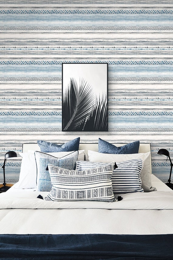 Maya Boho Aztec Mud Cloth Blue Southwestern Stripe Wallpaper - Etsy